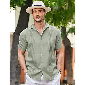 COOFANDY Beach Shirt Linen Guayabera Shirt Mexican Button Up Shirts Beach Casual Light Green