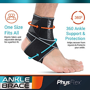 PhysFlex Ankle Brace - Compression Sleeve with Adjustable Strap & Comfy Ankle Support Perfect for Sprained Ankle, Achilles Tendon, Plantar Fasciitis & Sports - Ideal for Men & Women (1, Gray)