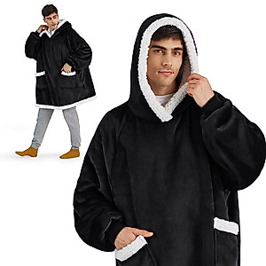 Bedsure Blanket Hoodie, Wearable Blanket for Adult & Kids as Gifts for Women Men, Birthday Gifts for Women Mom Sherpa Hoodie, Black, Oversize