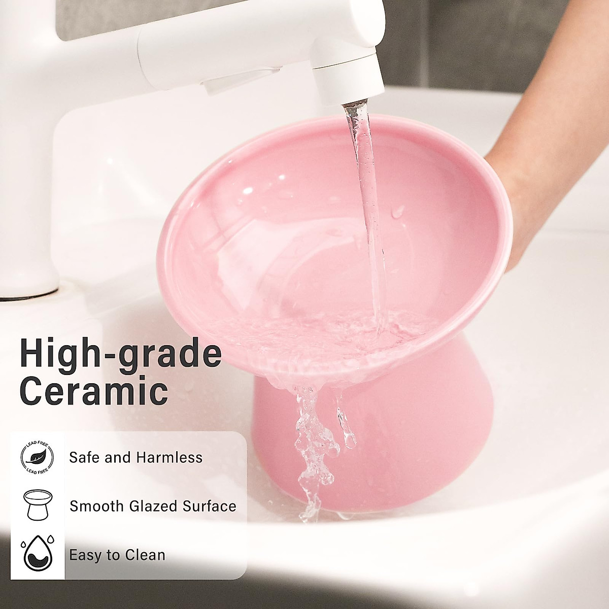 CEEFU 2 Extra Wide Elevated Cat Food Bowl, Ceramic Cat Bowls for Food and Water, Wide Shallow Cat Food Dish, Whisker Fatigue, Lead & Cadmium Free, Great Height for Cat, Pink