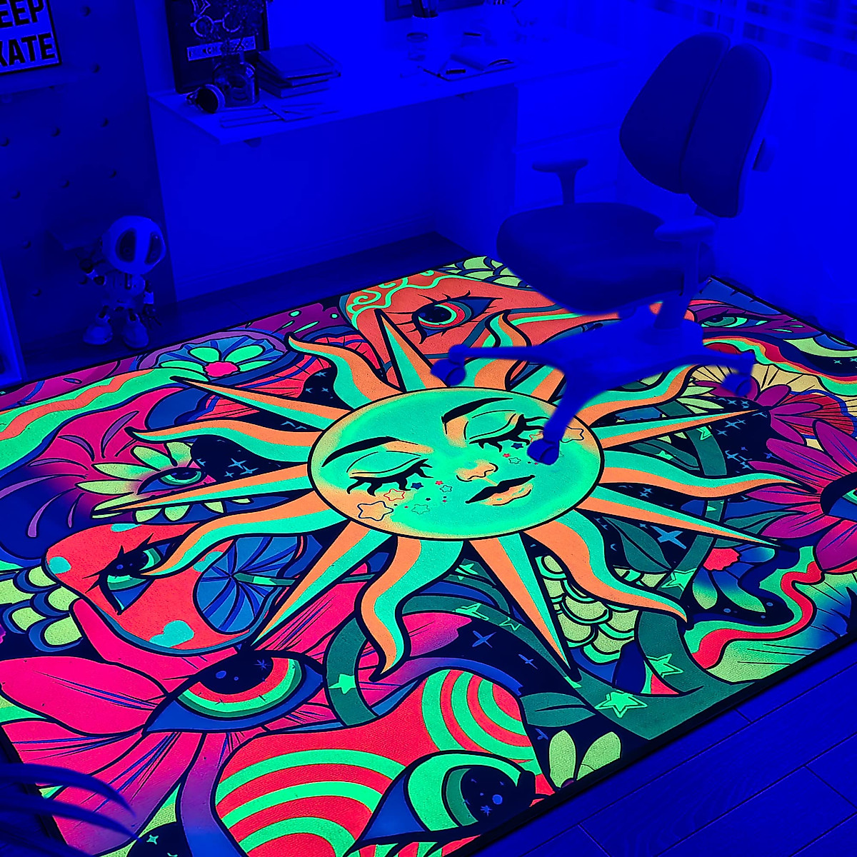 Mushroom Area Rugs - Funny Boho Sun Rug - Psychedelic Colorful Mushroom Rug Hippie Aesthetic Room Decor Carpet Glows Under Black Light Rooms Mat Rugs 60x40 Inch
