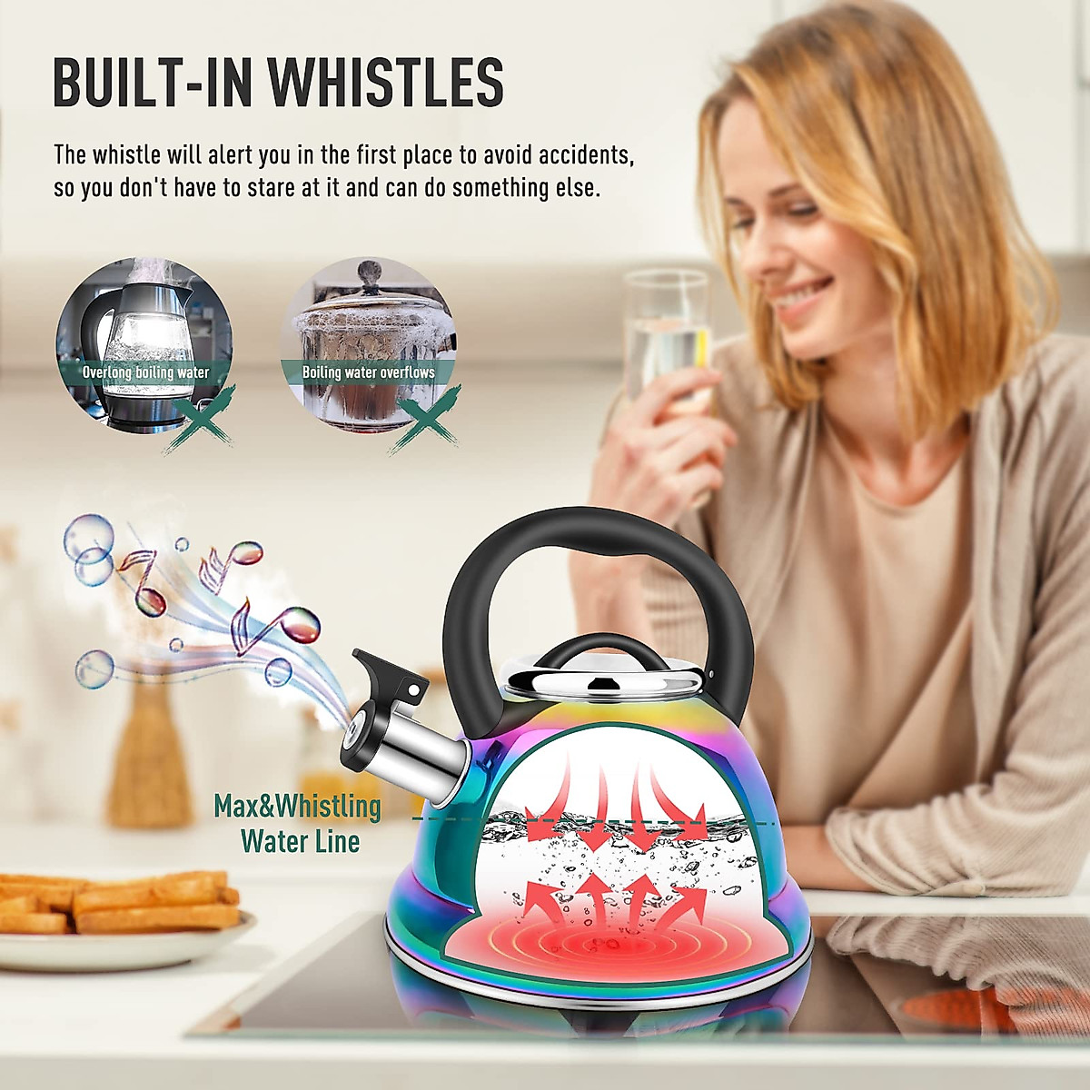 Whistling Tea Kettle for Stovetop, 3.5L Stainless Steel Tea Pot with Cool Ergonomic Folding Handle, Rainbow Induction Kettles for Boiling Water, Mirror Finish…