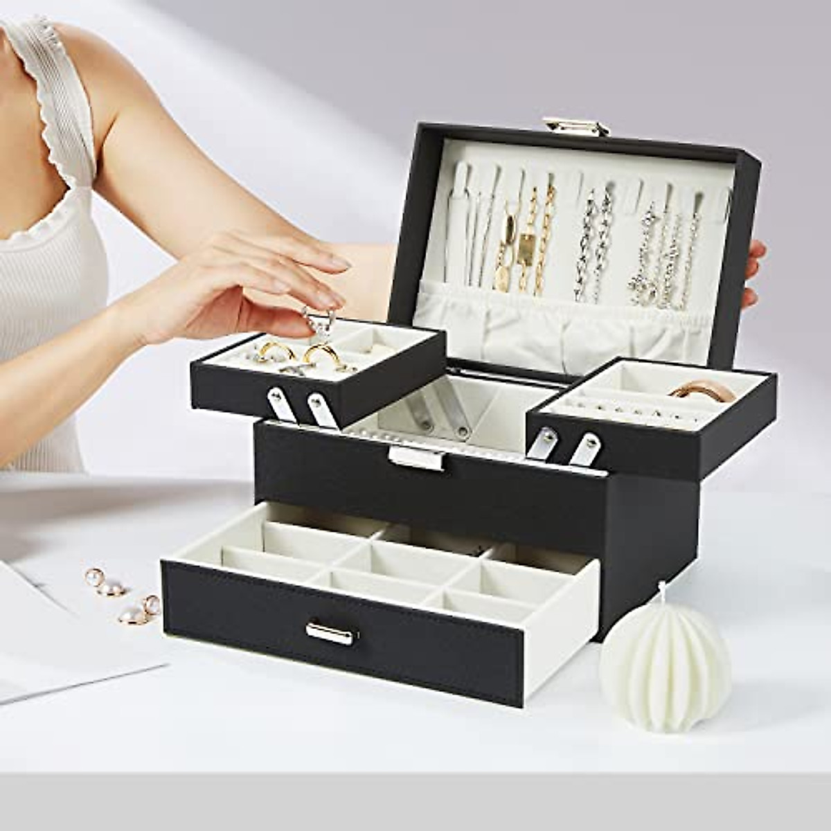 BUTI4WLD 3 Layers Large Jewelry Boxes for Women Girls Wife Ideal Gift, Jewelry Case for Storing Earrings Rings Necklaces Bracelets PU Leather & Soft Velvet Lined, Black