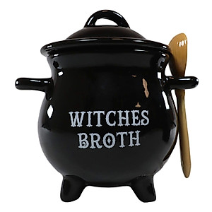 Ebros Ceramic Wicca Hocus Pocus Witch Black Cauldron Magical Witches Broth Dipping Or Condiment Bowl Or As Large Mug 18oz With Broom Spoon Serveware Set Halloween Party Hosting Accent