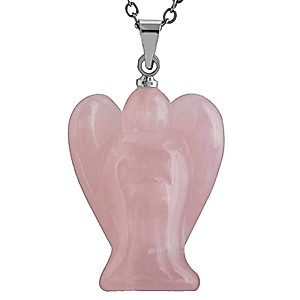TUMBEELLUWA Guardian Angel Handmade Carved Healing Stone Crystal Pendant with Metal Alloy Chain, Rose Quartz