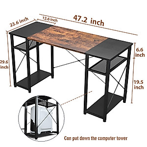 Foxemart Computer Desk 47" Office Desk with Storage Shelves, Industrial Student Study Writing Desk, Modern Work Desk for Home Office, Small Desk Gaming PC Table Workstation, Rustic and Black