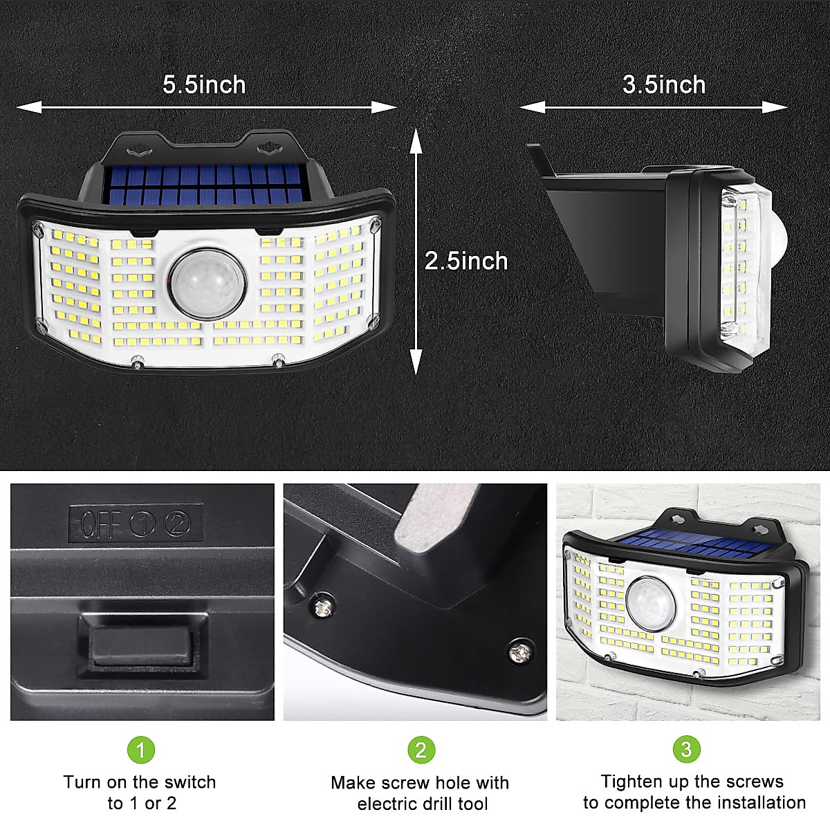 TWINSLUXES Solar Outdoor Lights, 3 Lighting Modes Solar Motion Sensor Security Lights, Solar Flood Lights 270°Wide Angle, IP65 Solar Wall Lights,Suitable for Front Door, Yard, Garage, Deck 2 Pack