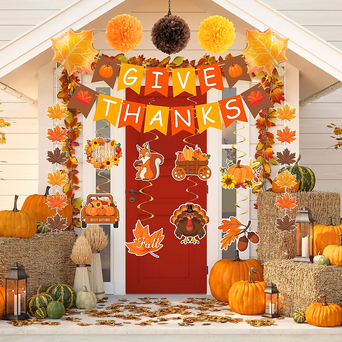 Ouddy Life Thanksgiving Party Decorations, Thanksgiving Hanging Decoration Include Give Thanks Banner Maple Leaves Garland Balloon Paper Pom for Thanksgiving Fall Home Classroom Indoor Office Supplies
