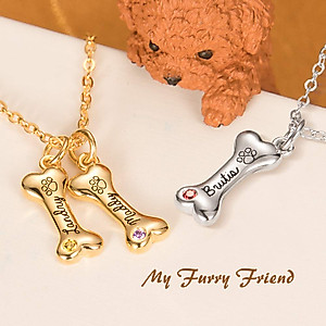 AILIN Custom Puppy Dog Bone Necklace 925 Sterling Silver Personlized 1-8 Engraving Name Dog Paw Print Birthstone Pendant Pet Lovers Jewelry Birthday Gifts For Women -Silver Color