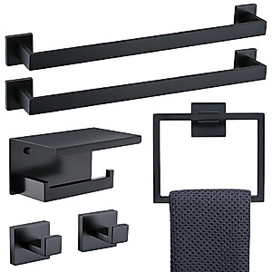 TNOMS 6-Piece Black Bathroom Hardware Set 23.6 Inch Towel Bar Set Double Towel Bar Towel Ring Coat Hook and Toilet Paper Holder with Shelf Wall Mounted Stainless Steel Bathroom Accessories Set