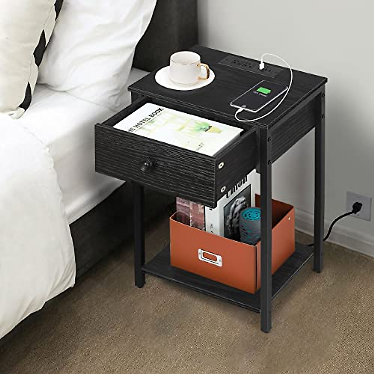 melos Nightstand with Charging Station and USB Ports, Bed Side Table/Night Stand with Drawer and Storage Shelf, 2 Tier End Table for Small Spaces, Side Tables for Bedroom, Living Room, Black