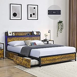 Alohappy Queen Bed Frame with 4 Storage Drawers, Storage Headboard with Charging Station and LED Lights, Metal Platform Bed Frame Queen Size, Heavy Duty No Box Spring Needed, Vintage Brown