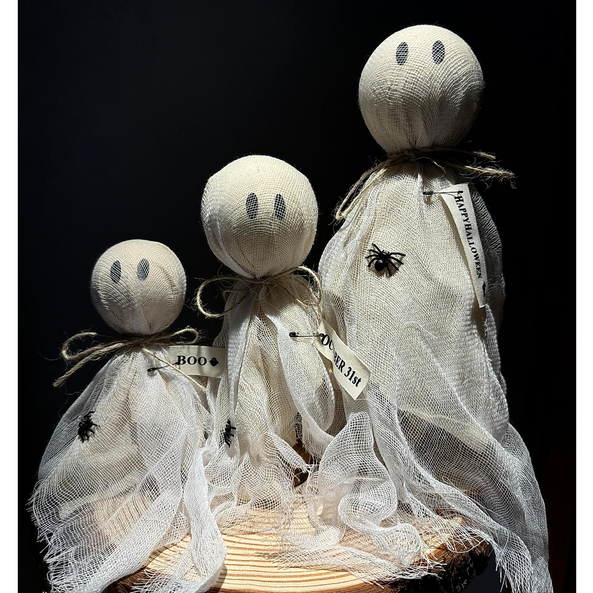 Seslust Set of 3 Primitive Halloween Ghosts on Wooden Stand - Spooky Table Centerpieces and Shelf Sitters for Indoor Halloween Decor