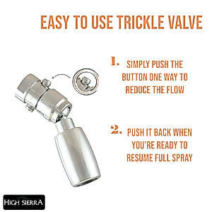 High Sierra's All Metal 2.0 GPM High Efficiency Low Flow Showerhead with Trickle Valve. Available in: Chrome, Brushed Nickel, Oil Rubbed Bronze, Polished Brass, or Matte Black