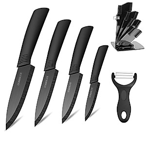 Ceramic Knife Set with Holder, Five Pieces 6"Chef Knife, 5"Utility Knife, 4"Fruit Knife, 3"Paring Knife, 1''Fruit Peeler, Rust Proof & Stain Resistant, Ceramic Kitchen Chef Knife Sharp Set (Black)
