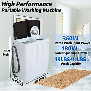 Nictemaw Portable Washing Machine Twin Tub 30Lbs Washer and Spin Dryer Combo, Compact Laundry Washer (19Lbs) and Spinner (11Lbs) with Built-in Drain Pump for Apartment,RV,Dorms, Black+White