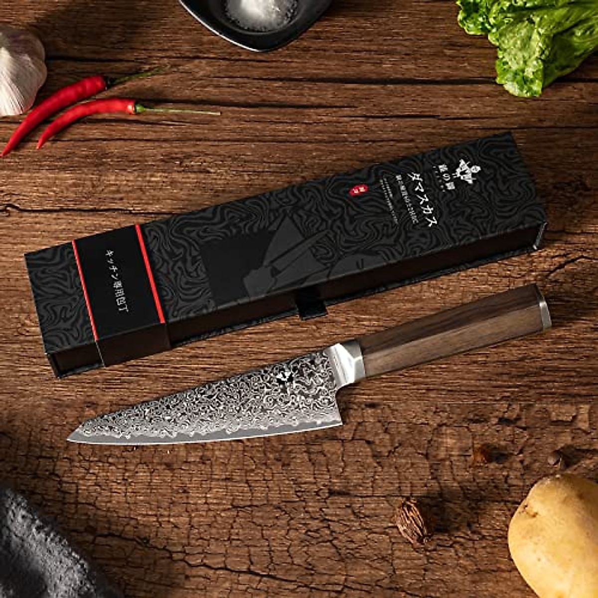 FUJUNI Chef Knife 6 inch, Professional Chef Knife VG 10 Damascus Super Steel 67-Layer Razor Sharp Kiritsuke Knife with Natural Wood Handle