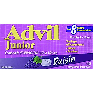 Junior Strength Advil (40 Count, Grape Flavour) Ibuprofen Chewable Tablets for Relief of Pain Fever