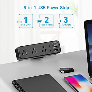 3 Outlet Desk Clamp Power Strip with USB C, Black Flat Plug Desktop Edge Clamp Power Socket Connect 6.5 ft Thin Extension Cord for 1.6 inch Tables