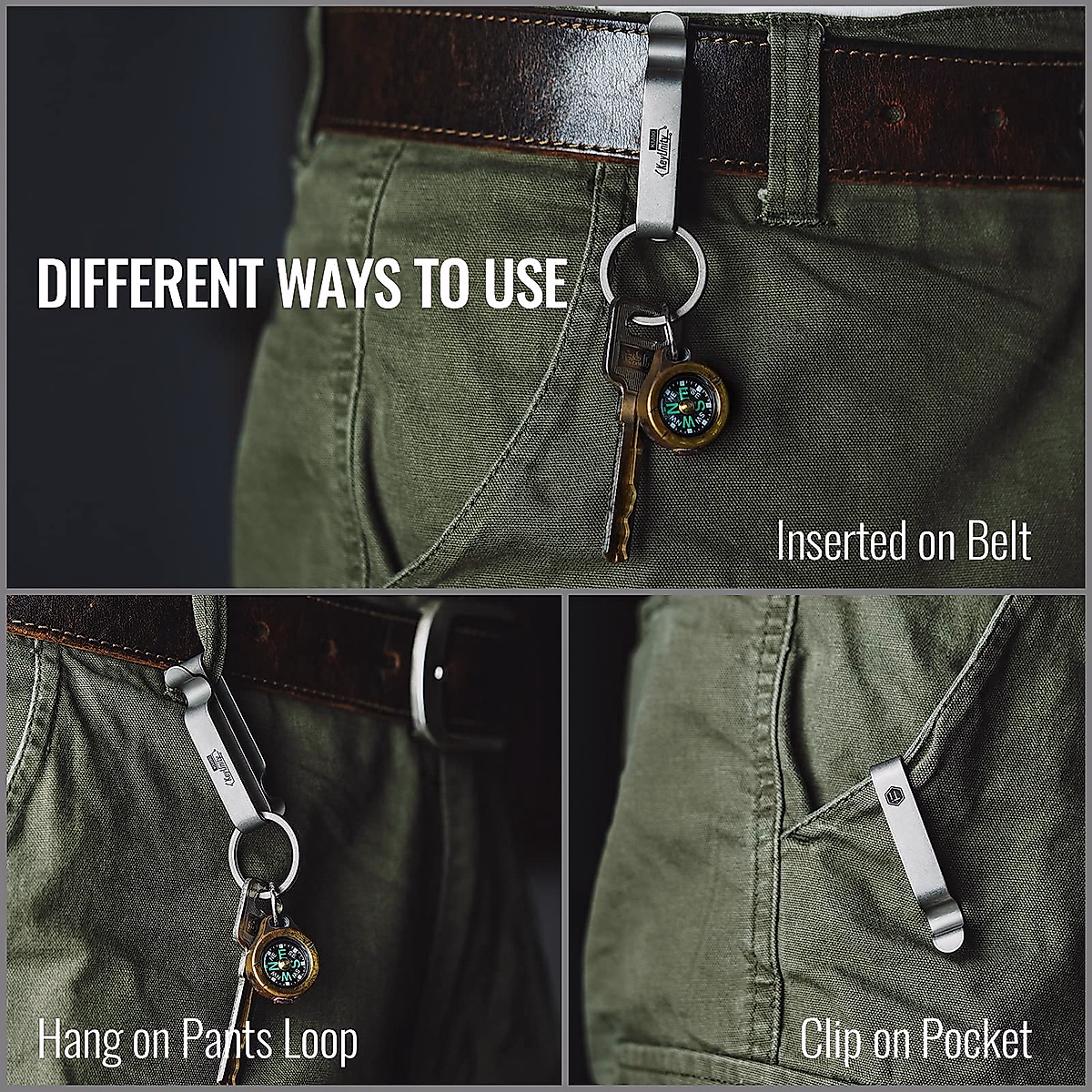 KeyUnity KM00 Titanium Belt Loop Keychain Clip Double Side Quick Release Key Holder with Detachable Key Ring (Stonewashed)