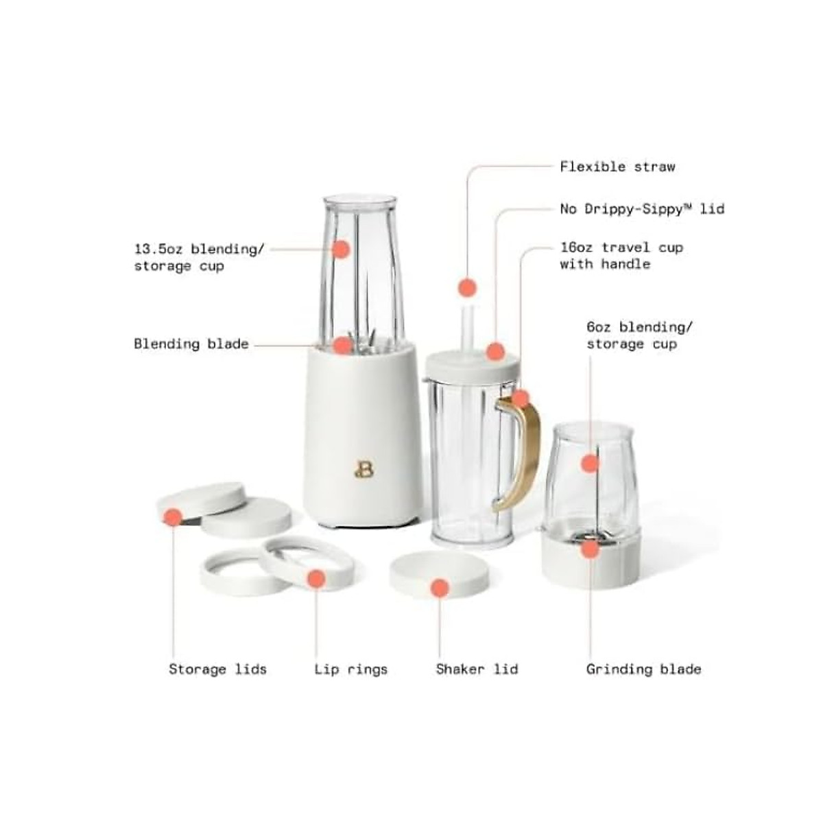 Generic Beautif*ul Personal Blender Set with 12 Pieces, by Drew Barrymore (White Icing), 13.5