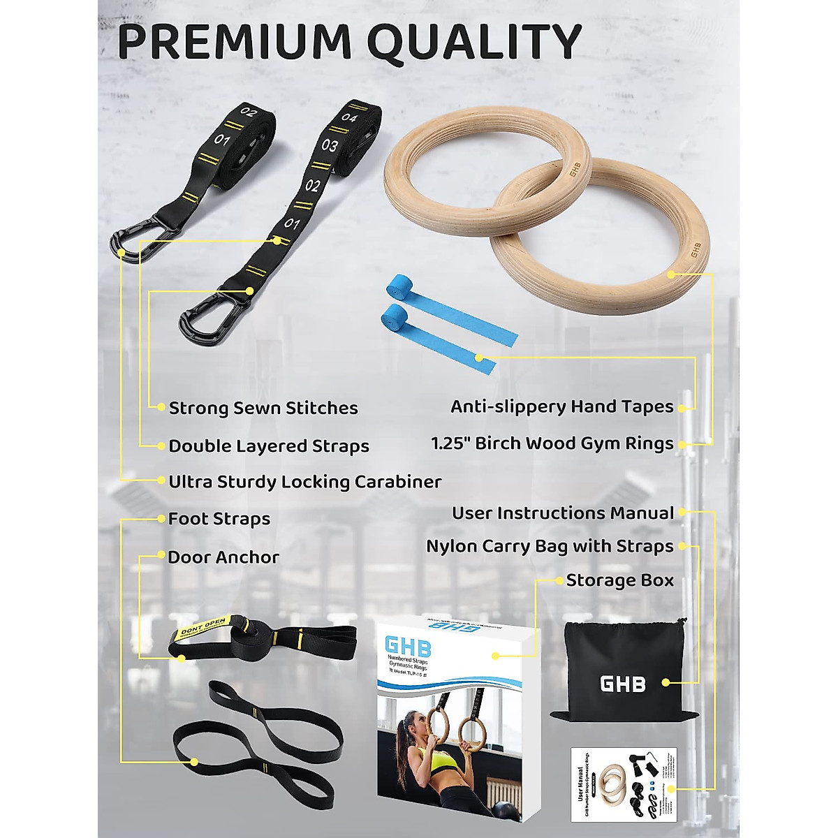 GHB Gymnastic Rings Wooden Gym Rings 1.25" Olympic Rings Adjustable Numbered Straps Pull Up Rings Sets for Workout Bodyweight Fitness Training