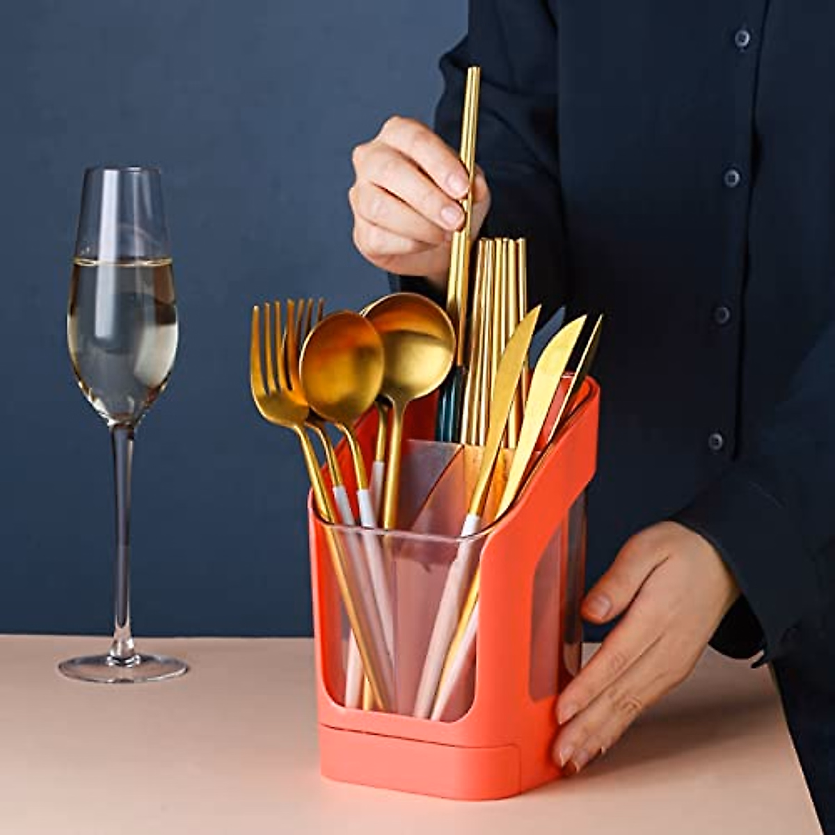 BLMIEDE Kitchen Utensil Holder for Countertop Multifunctional Draining Chopstick Cage Standing Cutlery Storage Organizer Tableware Spoon Forks Storage Box Stainless Steel Sink Rack (Orange, One Size)