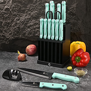 CuCut Knife Set, 16 Pieces Dishwasher Safe Kitchen Knives with Steel Block, German Stainless Steel Knife Block Set with Knife Sharpener