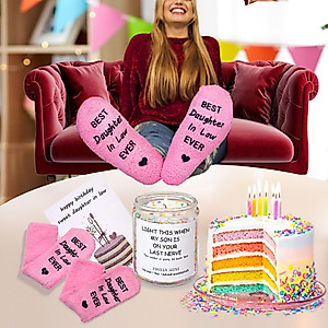 Daughter in Law Gift Baskets - Daughter in Law Gifts from Mother in Law - Daughter in Law Birthday Gifts - Mothers Day Gifts for Daughter in Law, Daughter in Law Birthday Candle, Card, Sock