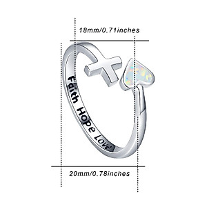 JUSTKIDSTOY S925 Sterling Silver Love Heart Ring Engraved Faith Hope Love Blue/White Open Adjustable Opal Wrap Rings Inspirational Jewelry for Women (White Opal-6)