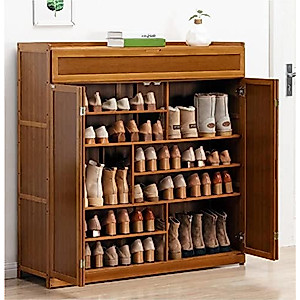 Gdrasuya10 Bamboo Entryway Shoe Storage Cabinet with 2 Folding Doors, 7 Tier Shoe Rack Organizers Shoe Cabinet for Shoes Boots Slippers Sneakers Large Capacity for Home (46" L)