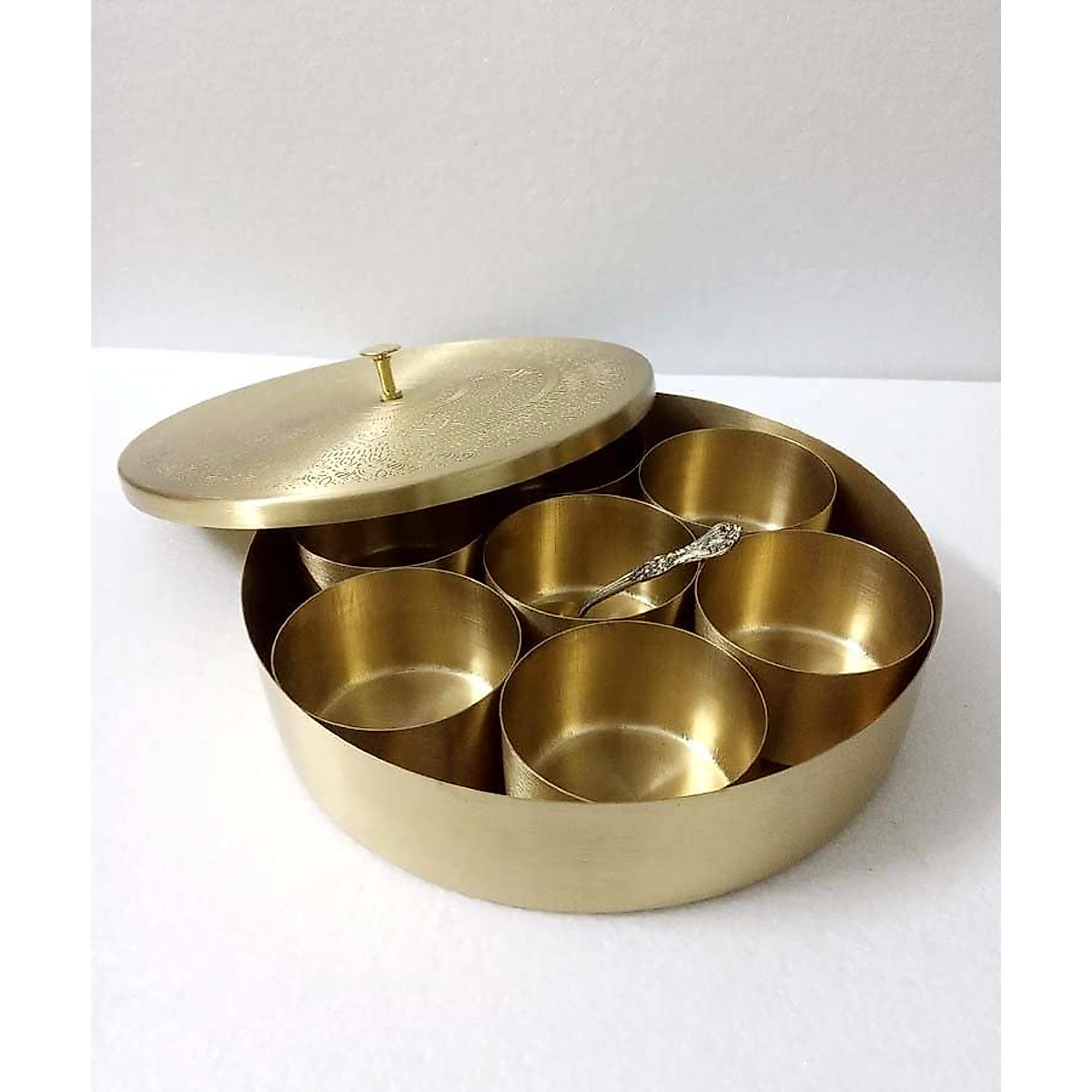 ZAARIYA Hammered Pattern Handcrafted Brass Masala/Spice Box Set With Spoon Container 90 ML-Food Spice Storage Rack Indian Boxes Dani Dabba For Kitchen (8-INCH)
