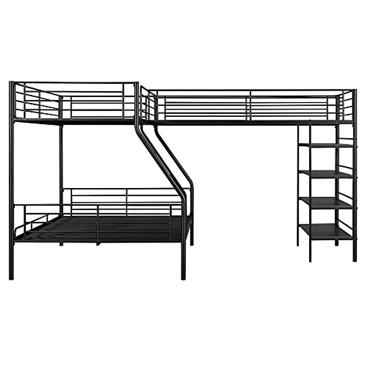 Twin Over Full Bunk Bed and Twin Size Loft Bed with Four Built-in Shelves, Metal L-Shaped Bunk Bed Frame with Guardrails and Ladders, Corner Beds for Kids Teens Boys Girls Bedroom Furniture (Black-L1)