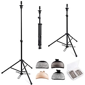 HYOUJIN Wig Head Stand Tripod Mannequin Head Stand Metal Adjustable Holder for Mannequin Head,Manikin Head,Training Head,Canvas Block Head with Wig Caps,T-Pins,Carry Bag (With Foot Panel)