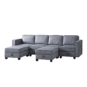 EMKK 116''Sectional Couch 6 Seats, Modular U Shaped Sofa with Ottomans, Large Chaise Reversible Sofá for Living Room,Velvet Reversible Sleeper Chaise Bed Storage Seat,w/Side Pocket