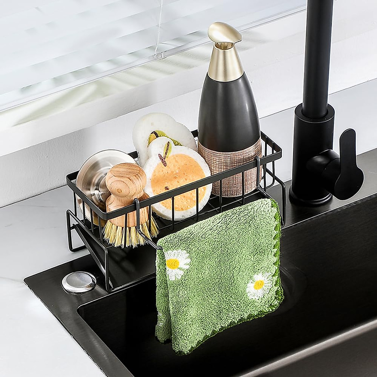YISMAN Sink Holder for Sponge, Dish Brush, Soap, Scrubber, Dishcloth, No Punching,with Detachable Hanging Rod,Grey