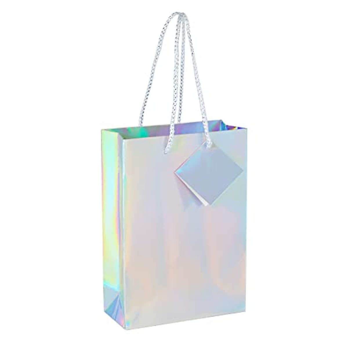 20 Pack Holographic Small Silver Gift Bags with Handles, White Tissue Paper and Tags, Iridescent (8 x 5.5 x 2.5 In)
