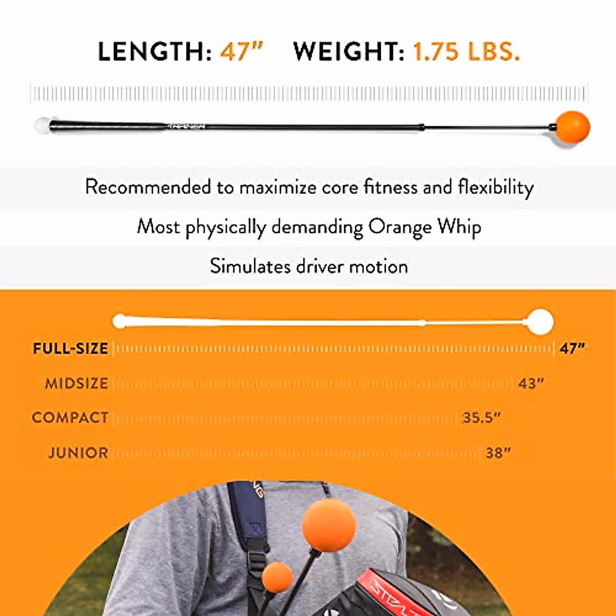 Orange Whip Golf Swing Trainer Aid, Patented Counterbalanced Golf Swing Aid, Made in The USA, 47"