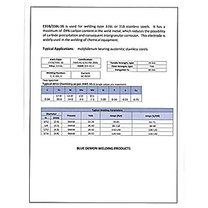 Blue Demon E316L-16 X 1/8"" X 12"" X 1LB Tube Stainless Steel Arc Welding Electrode" (E316L-125-01)