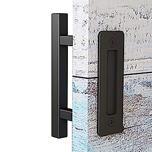 EaseLife 10" Sliding Barn Door Pull Handle with Flush Hardware Set,Double Sided,Heavy Duty,Square,Matte Black Powder Coated Finish,Easy Install