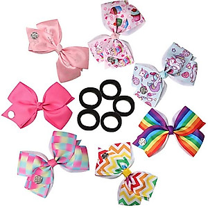 7pc 5" Large Hair Bows for Girls, JOJO Siwa Grosgrain Ribbon Hair Barrettes with Heart Emblem Accessories for Toddler