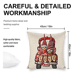 Love Gnomes Truck Throw Pillow Covers 18×18 Pillowcases Set of 2 Valentine's Day Cute Linen Decorative Square Pillow Case Cushion Covers Standard Size for Sofa Couch Outdoor Bed Pillow Protectors