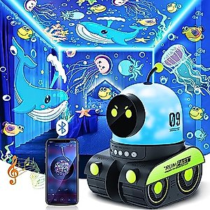 PIKOY Robot Night Light for Kids【12 Films】 Kids Night Light Projector,Bluetooth Music Baby Night Lights for Kids Room, 360° Rotation Rechargable Planets Star Projector Planetarium Projector Lamp