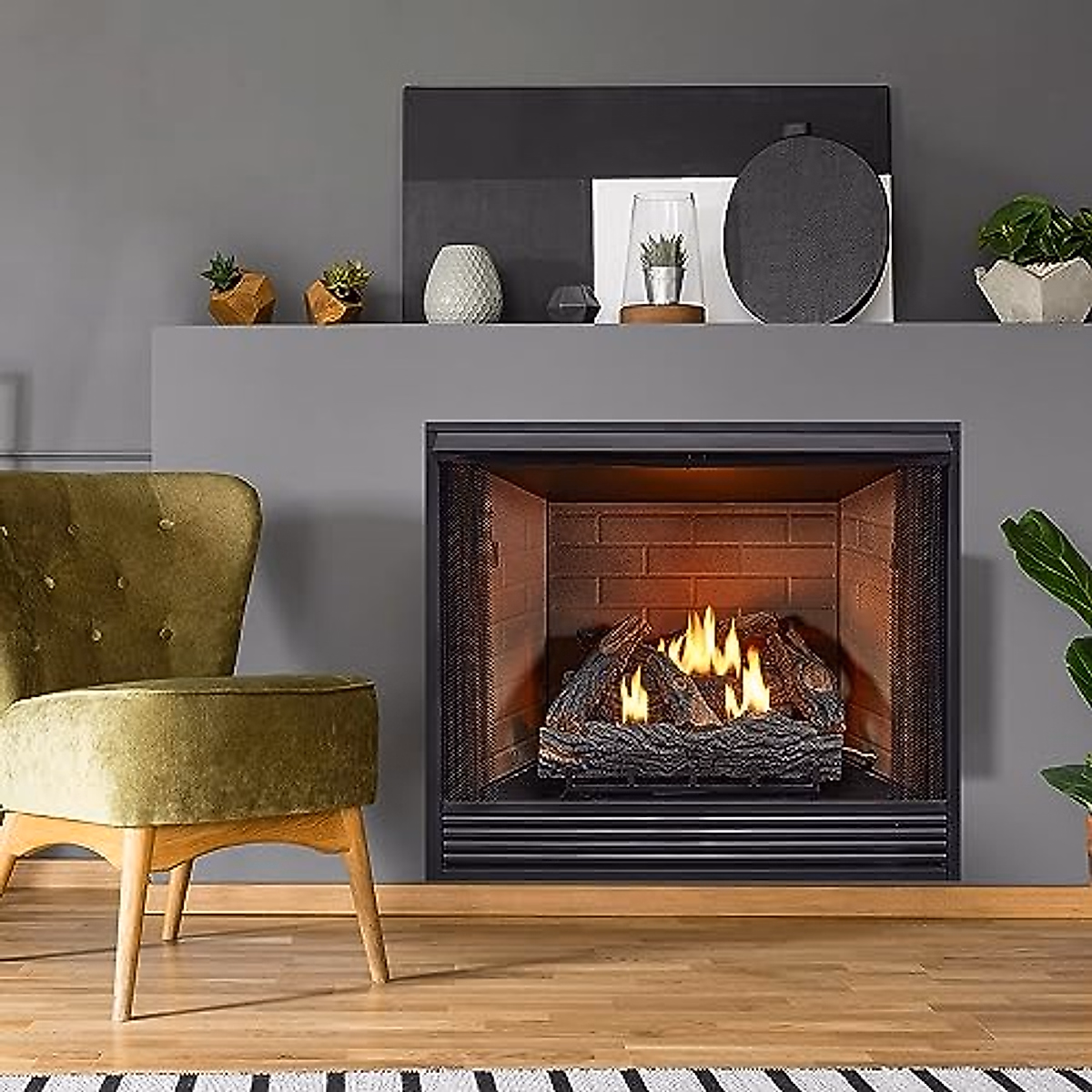 HearthSense VFL24T Dual Fuel Ventless Fireplace Logs Set with Thermostat, Use with Natural Gas or Liquid Propane, 32000 BTU, Heats up to 1100 Sq. Ft, Brown, 24 Inches