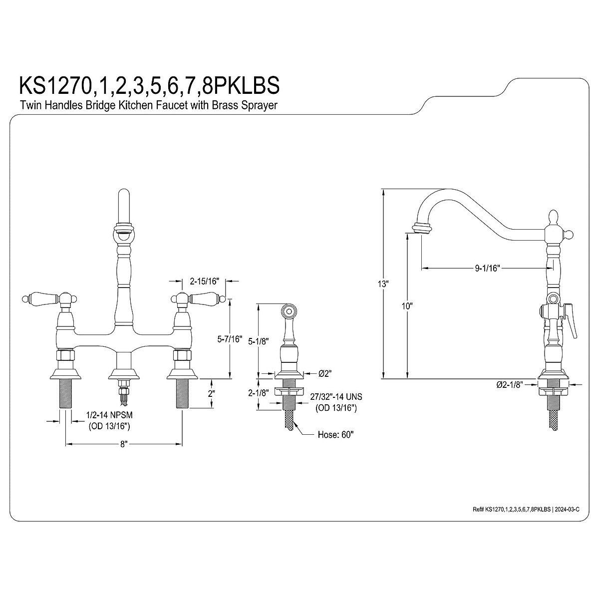Kingston Brass KS1277PKLBS Duchess Bridge Kitchen Faucet, Brushed Brass