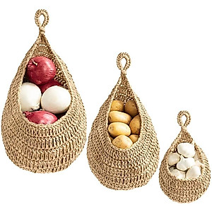 Crandek Boho Jute Hanging Basket - Wicker Hanging Fruit Basket for Fresh Produce Storage, Vegetable Keeper for Potato, Onion Garlic, Plant Holder - Handmade Kitchen Pantry Organizer (3 Size Pack)