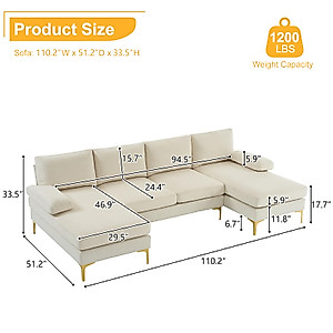 Artisasset Sectional Sofa Couch U-Shape 110" Sectional Sofa Linen Fabric Sofa Set with Double Chaise for Living Room, Studio, Office, Apartment, Beige