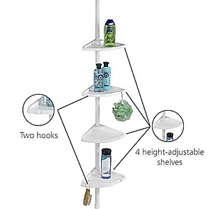 WENKO, White, Tension Pole, Caddy, Corner Shower Storage, 4 Shelves, 4 Hooks, Dimensions 10.2 x 30.7-108.3 x 7.7 108.3 x 7.7 inch