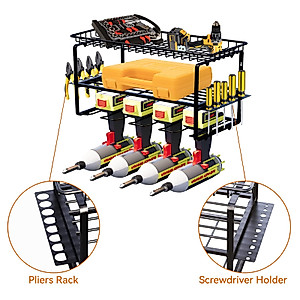 Grandhom Power Tool Organizer,Cordless Drill Rack Wall Mount,Drill Holder with 4 Drill Hanging Hooks,3 layers Metal Drill Storage Rack with Screwdriver Holder and Pliers Rack,Black