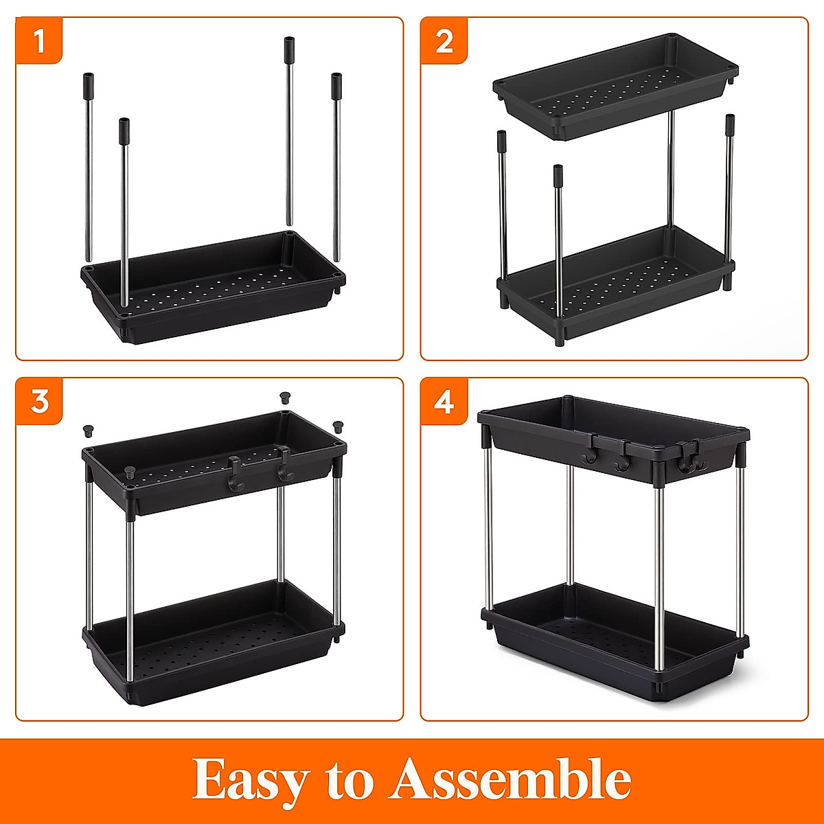 Lifewit Under Sink Organizer, 2 Tier Shelf Rack with 4 Hooks for Bathroom Cabinet Kitchen Countertop Office Holder Storage, Multi-purpose Baskets Holder for Space Saving, Easy Assembly, Black